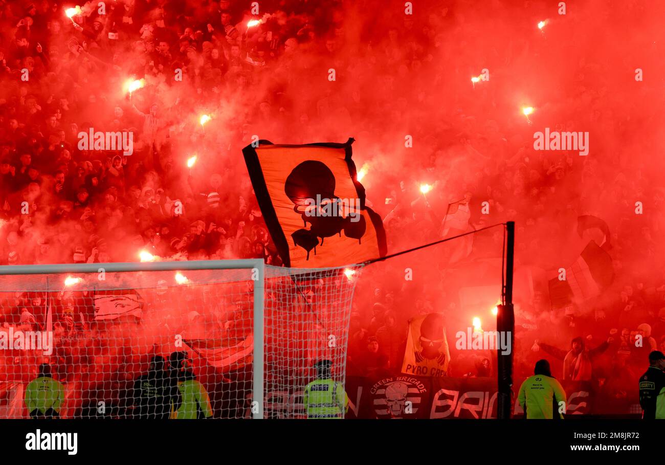 Celtic fans set off flares in the stands before the Viaplay Cup Semi ...