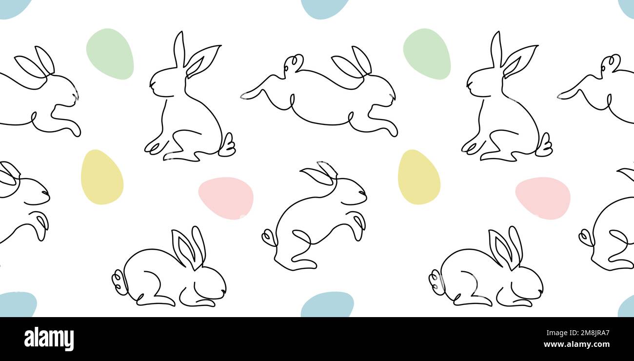 Bunnies and eggs seamless vector pattern . One continuous line art ...
