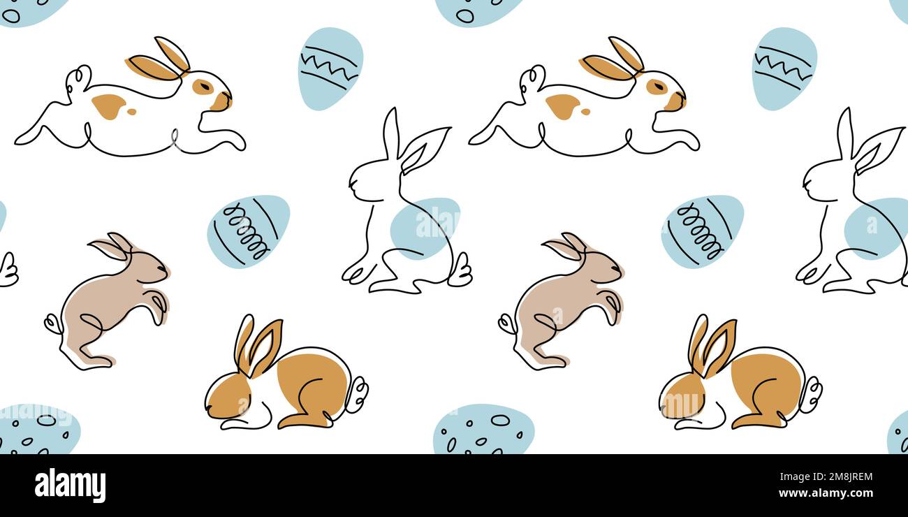 Cute bunnies Easter vector pattern with eggs. One continuous line art ...