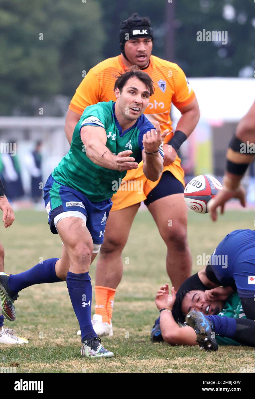Tokyo, Japan. 14th Jan, 2023. NEC Green Rockets Tokatsu scrum half Nick ...