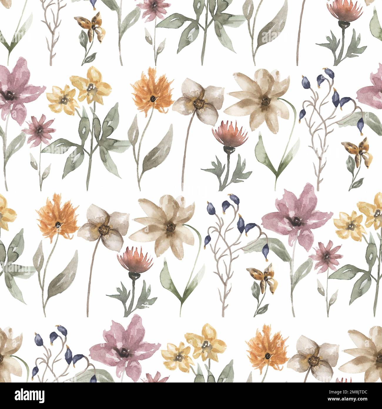 Wildflowers Seamless Pattern, Watercolor Dried Herbs paper, Meadow ...
