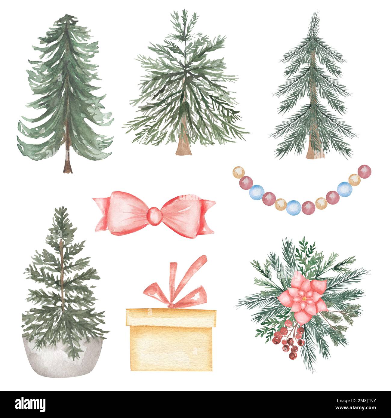 Watercolor Christmas Tree Clipart, New Year Gift, Kids party, Balls ...