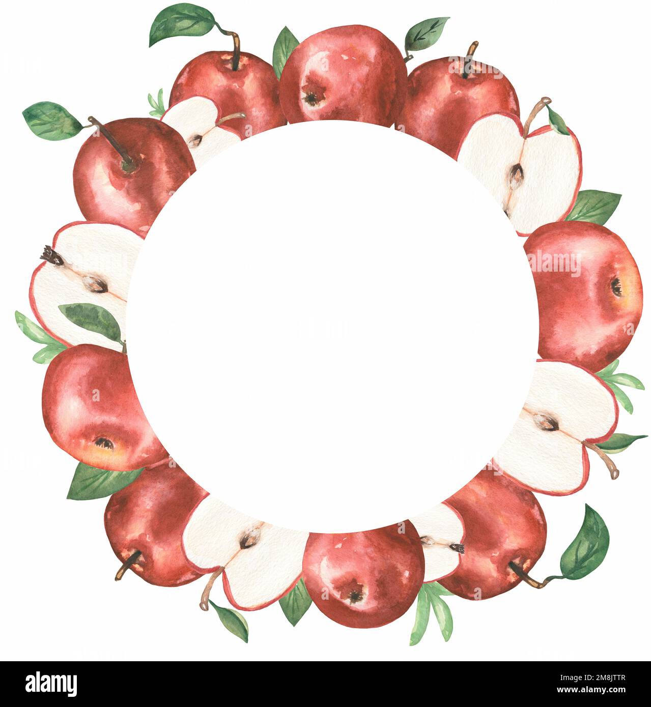 Apple Clipart, Watercolor Red Apple wreath, Organic botanical fruit ...
