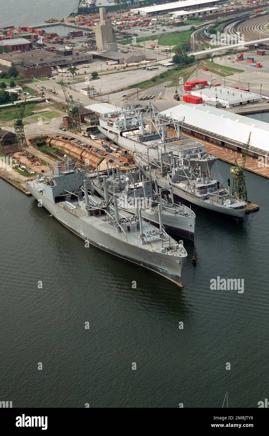 An aerial view of various Military Sealift Command ships in Ready ...