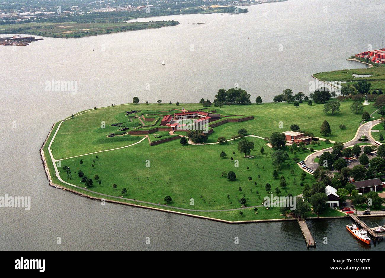 An aerial view of historic Fort McHenry guarding the harbor entrance ...