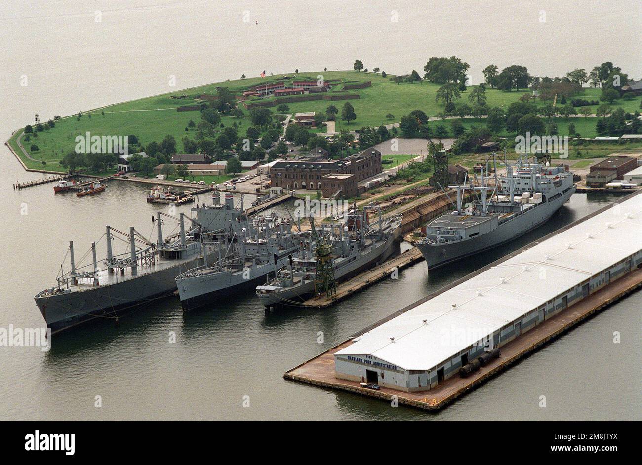 An aerial view of various Military Sealift Command ships in Ready ...