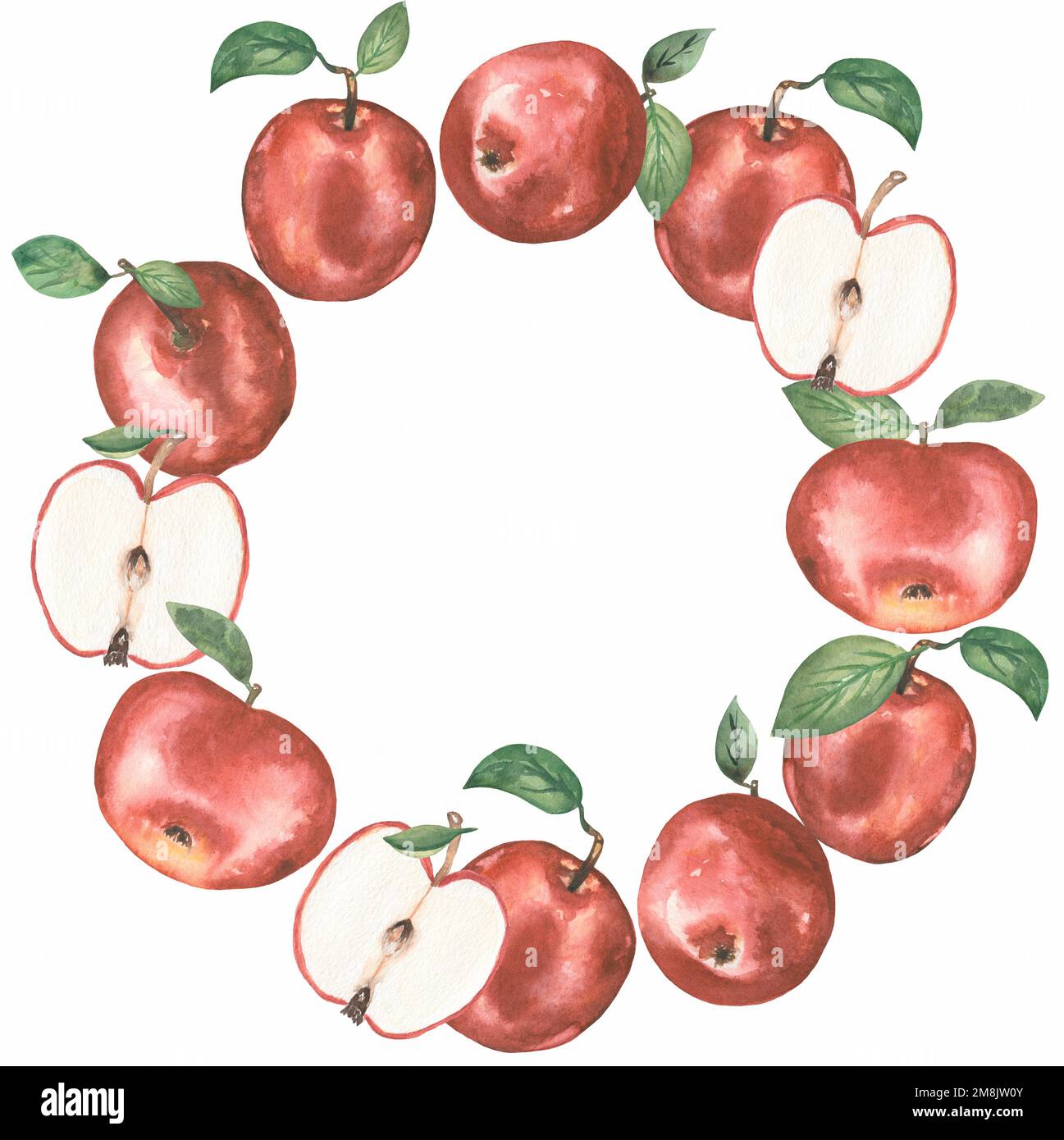 Apple Clipart, Watercolor Red Apple wreath, Organic botanical fruit ...