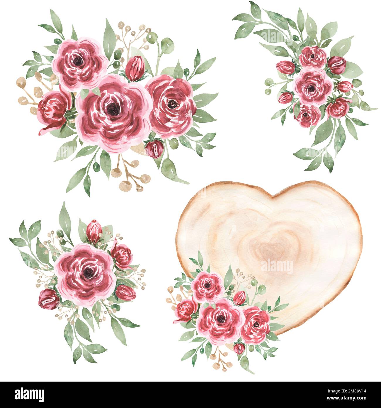 Burgundy Flower Bouquets clipart, Watercolor Red Florals illustration ...