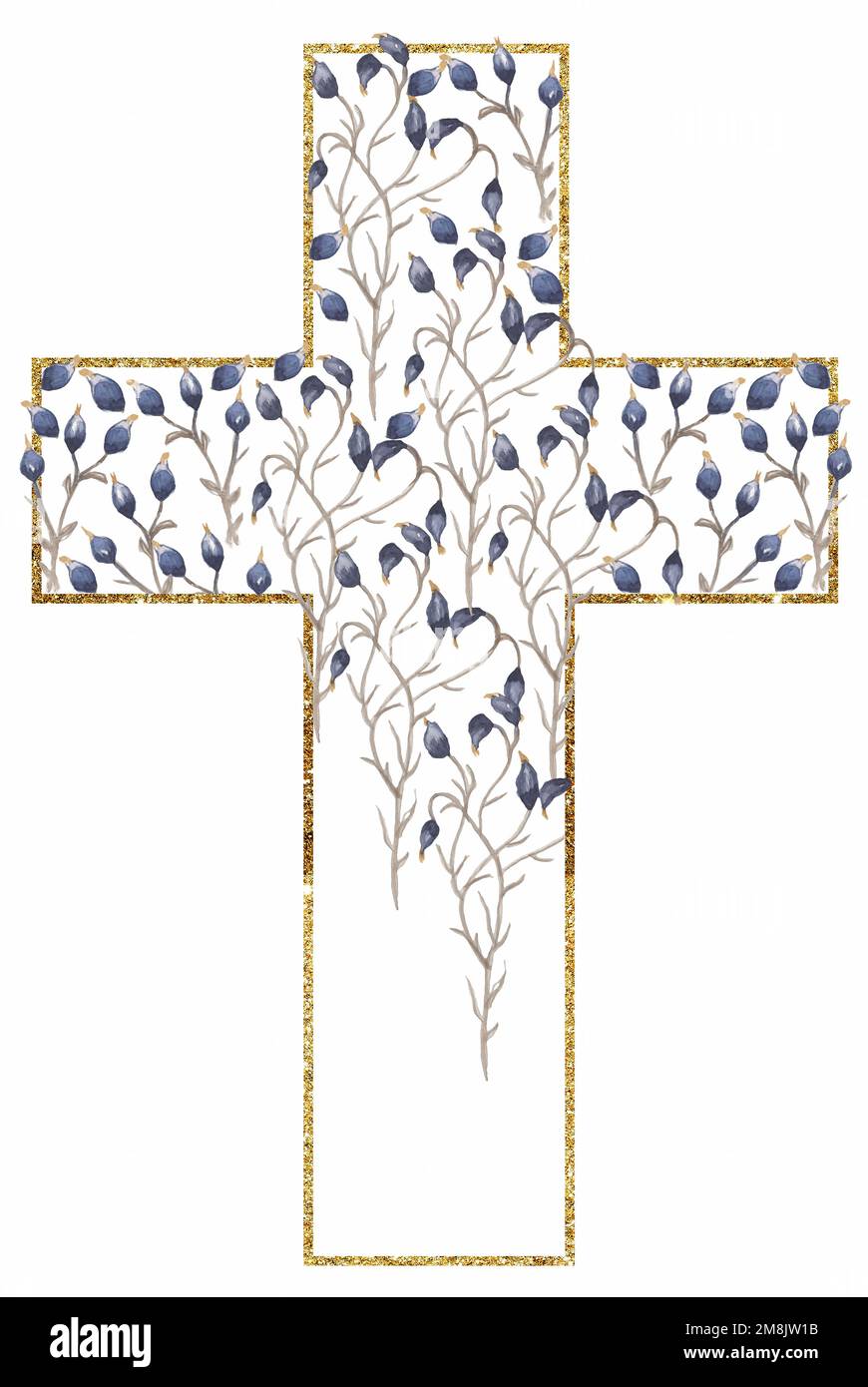 Watercolor Wildflowers Cross and golden frame Clipart, Blue flowers ...