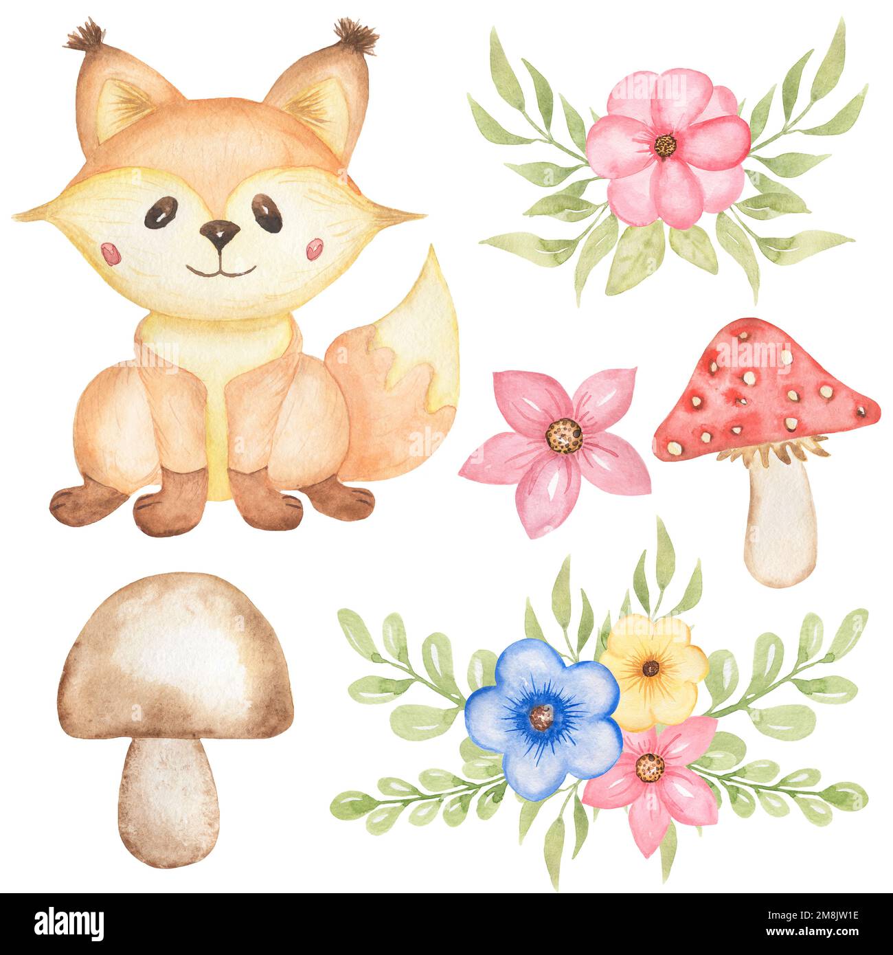 Delicate cute Flower, Woodland animal and mushrooms set, Wildflowers ...