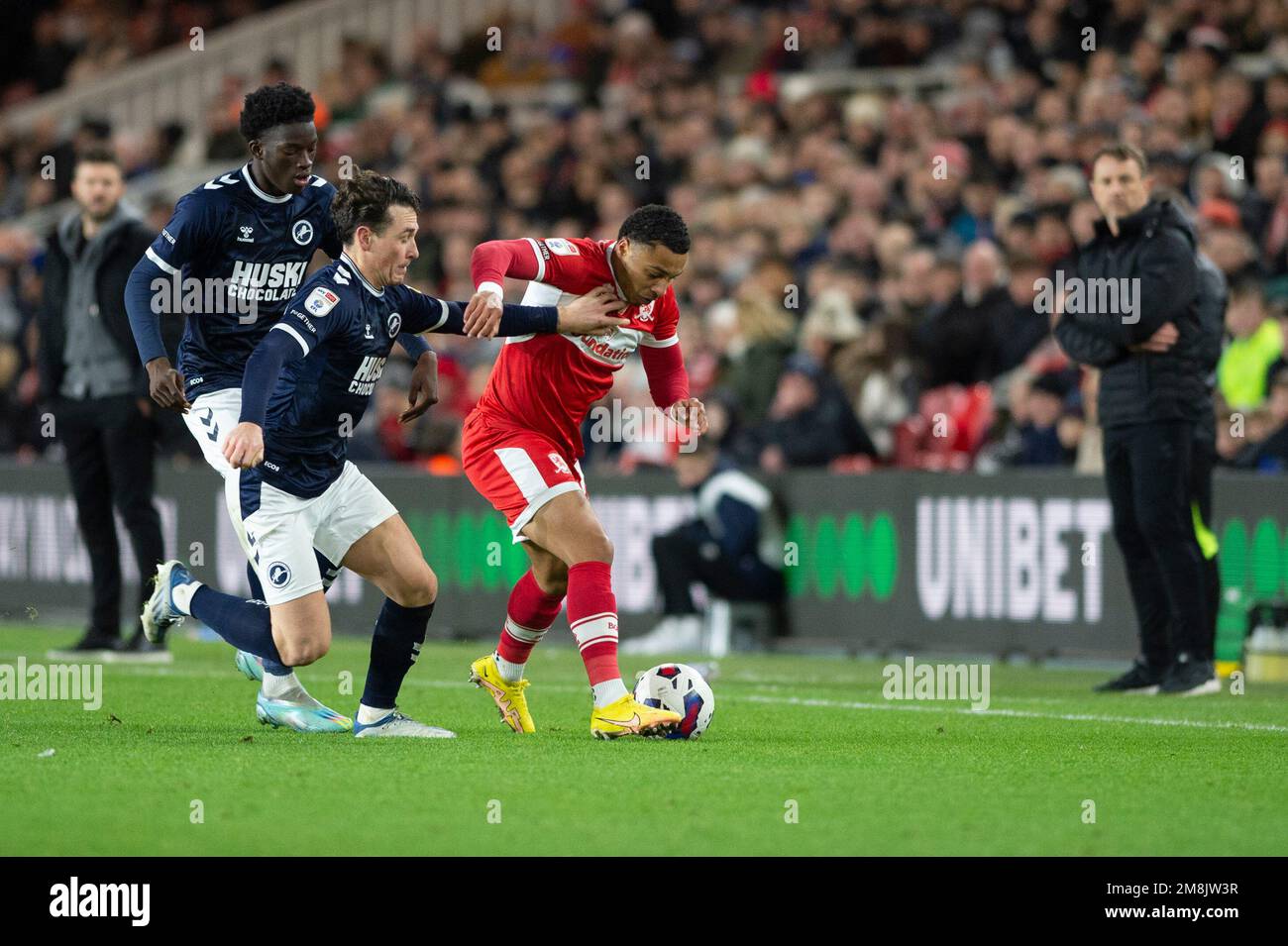 Middlesbrough's Cameron Archer challenges for the ball during the Sky ...