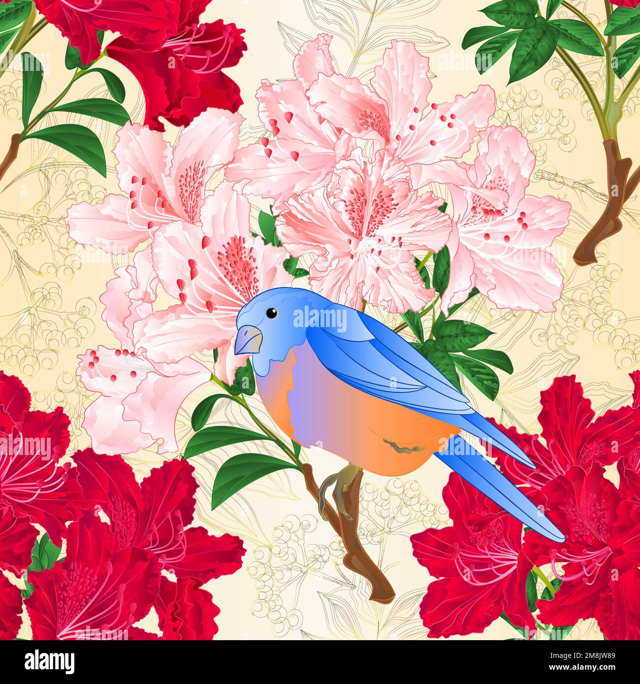 Seamless texture small bird Bluebird thrush and light pink and red ...