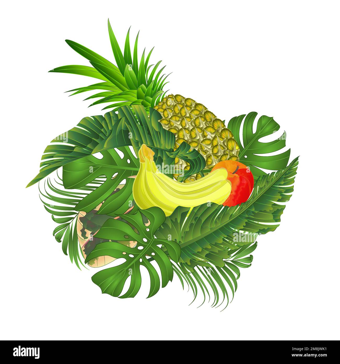 Tropical fruit banana and pineapple with tropical leaves of banana ficus,palm,philodendron on ...
