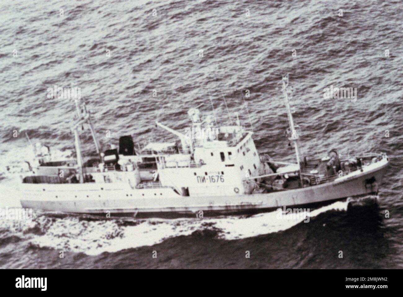 Starboard bow view of the Russian stern haul fishing trawler ZALIV OLGI ...