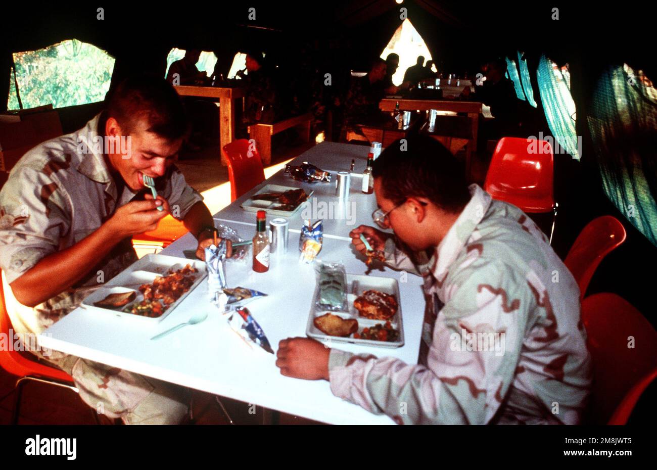 Interior shot of the US Army dining facility at Kigali Airport. Subject ...