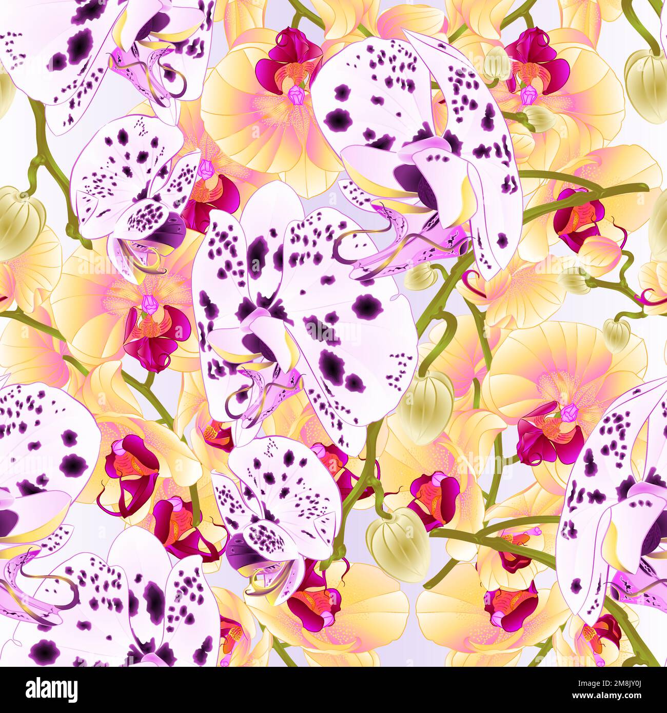 Seamless texture branch orchids dots white and purple and yellow ...