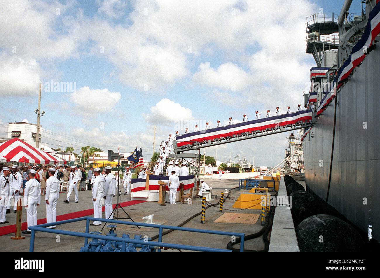 Crew members of the guided missile cruiser USS DALE (CG-19) are seen ...