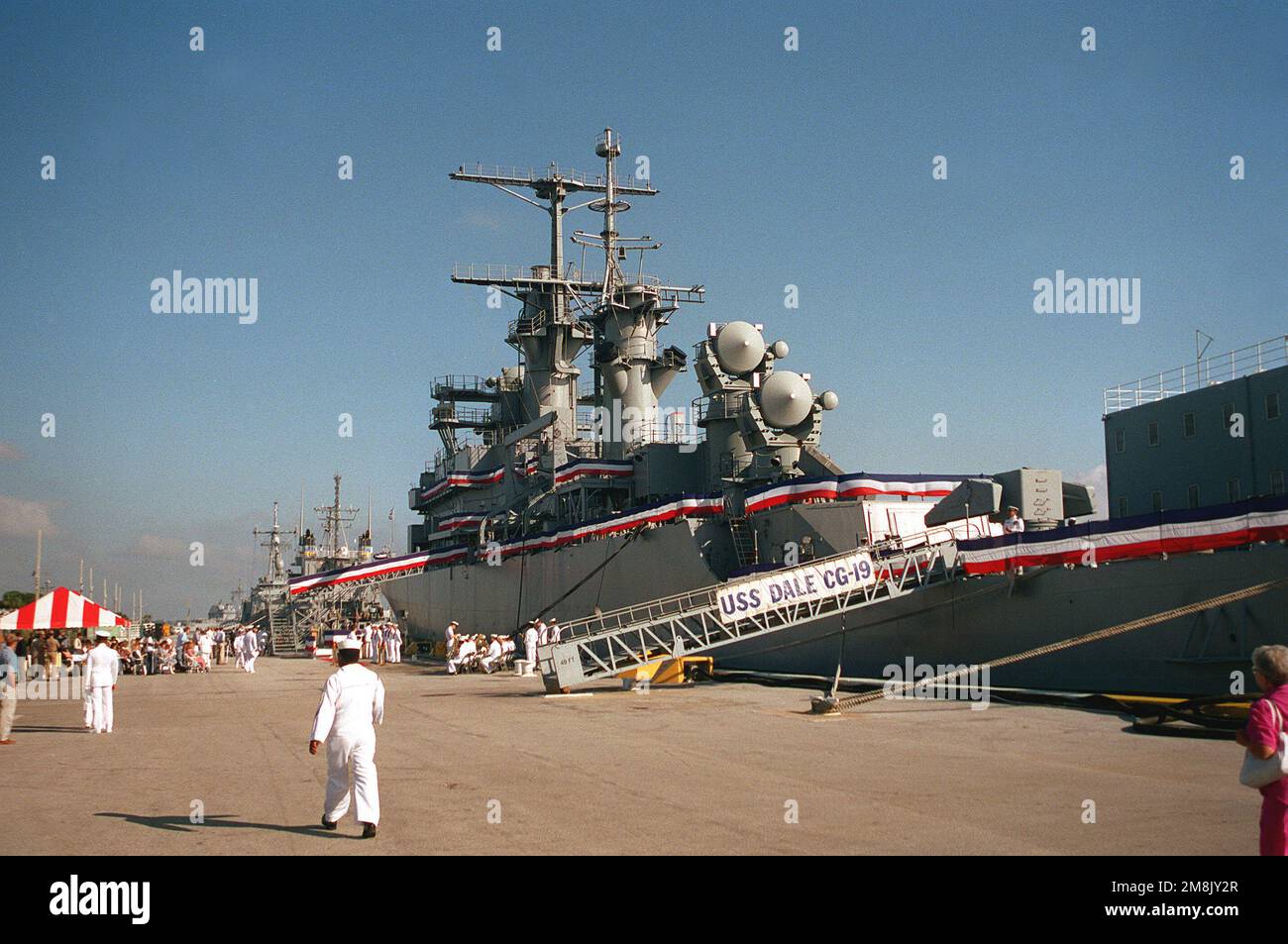 A port quarter view of the decommissioned guided missile cruiser USS ...
