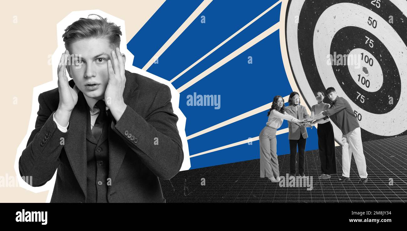 Contemporary art collage. Conceptual design. People, employees cheering ...