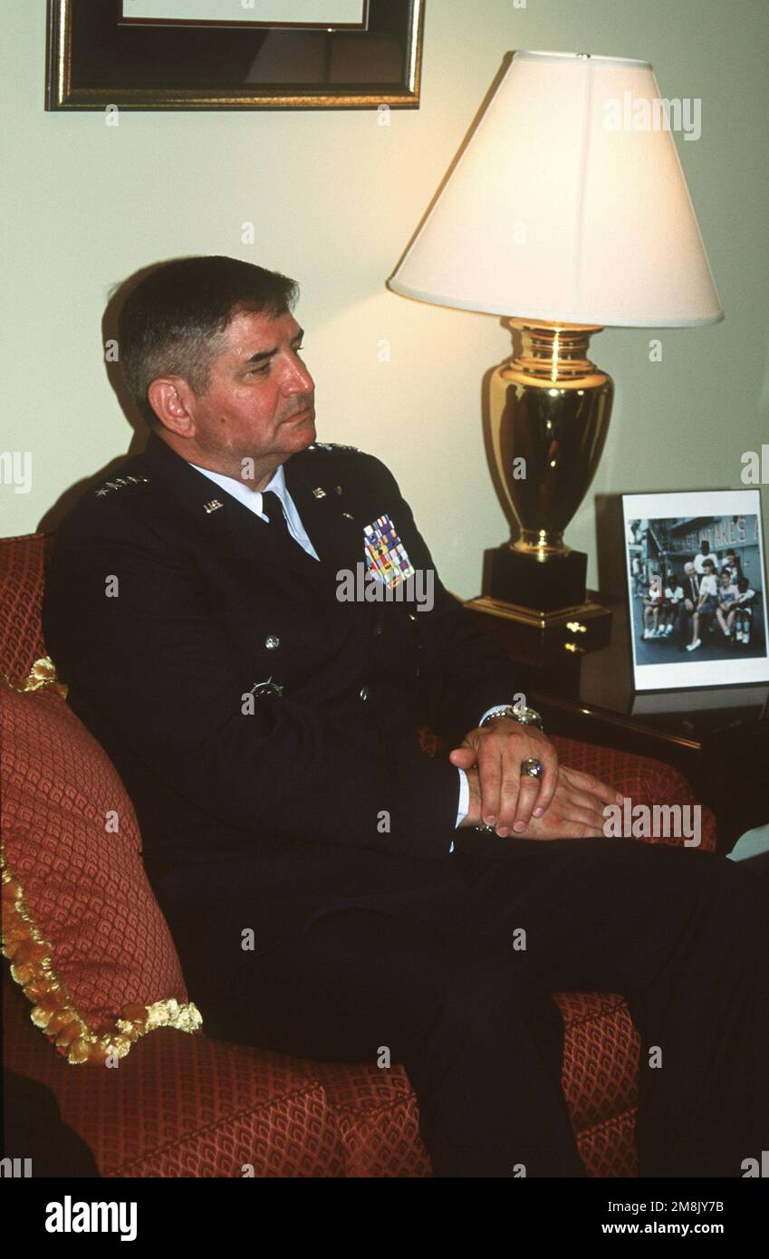 Air Force CHIEF of STAFF, General Ronald Fogelman sits in the living ...