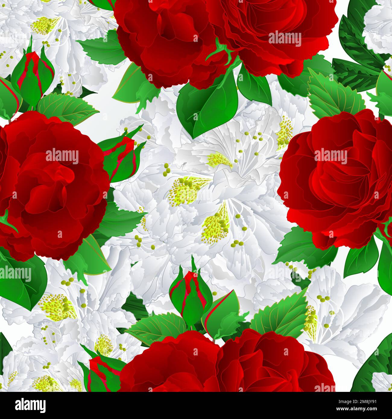 Seamless texture white rhododendron and purple roses background vintage ...