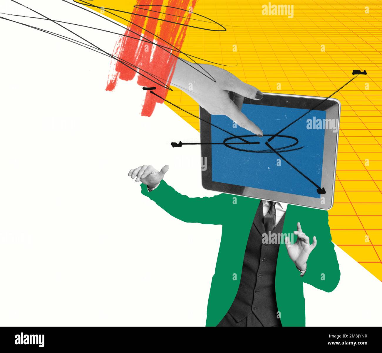 Contemporary art collage. Conceptual design. Human hands making notes ...