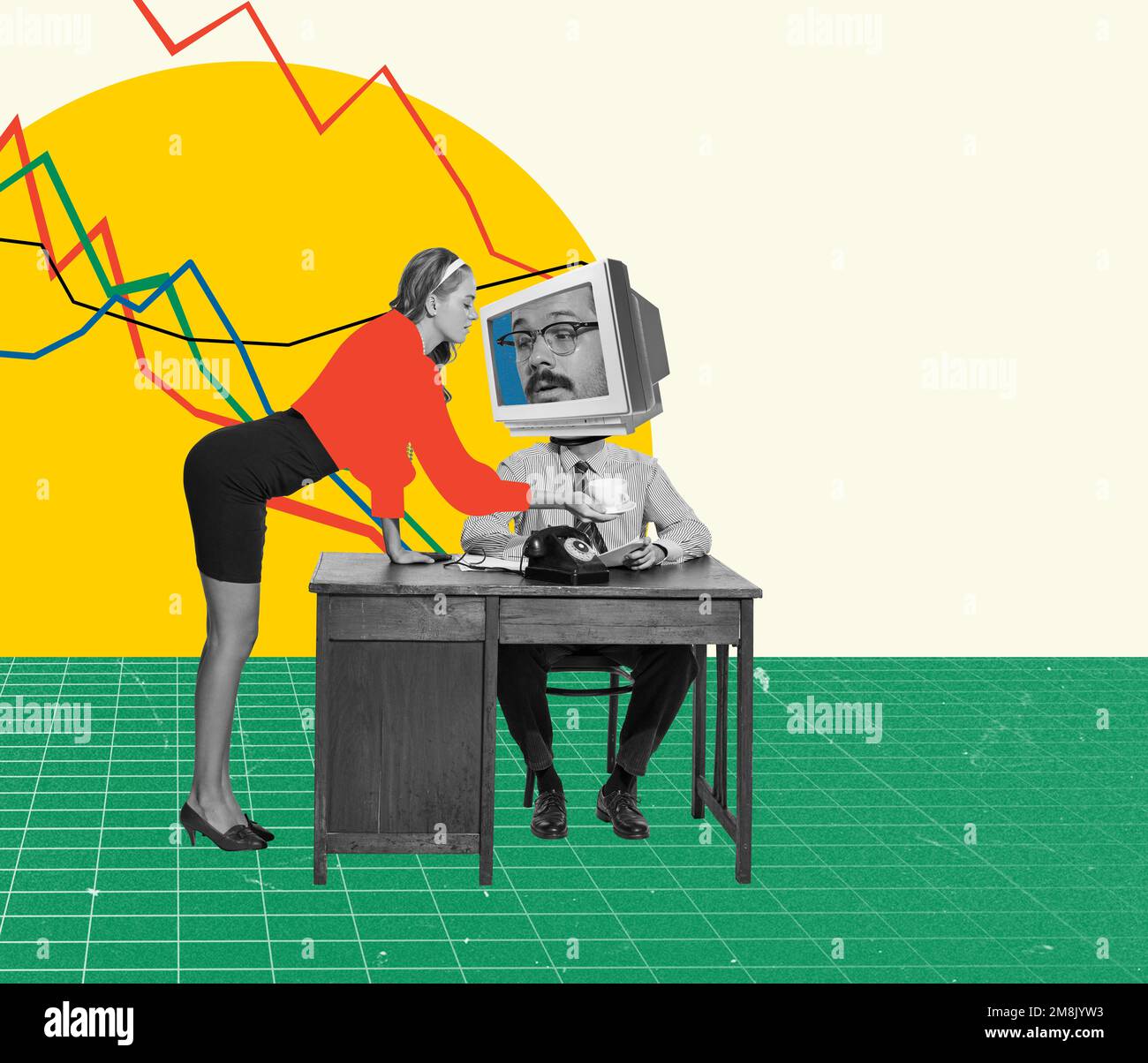 Contemporary art collage. Conceptual design. Secretary, woman serving ...