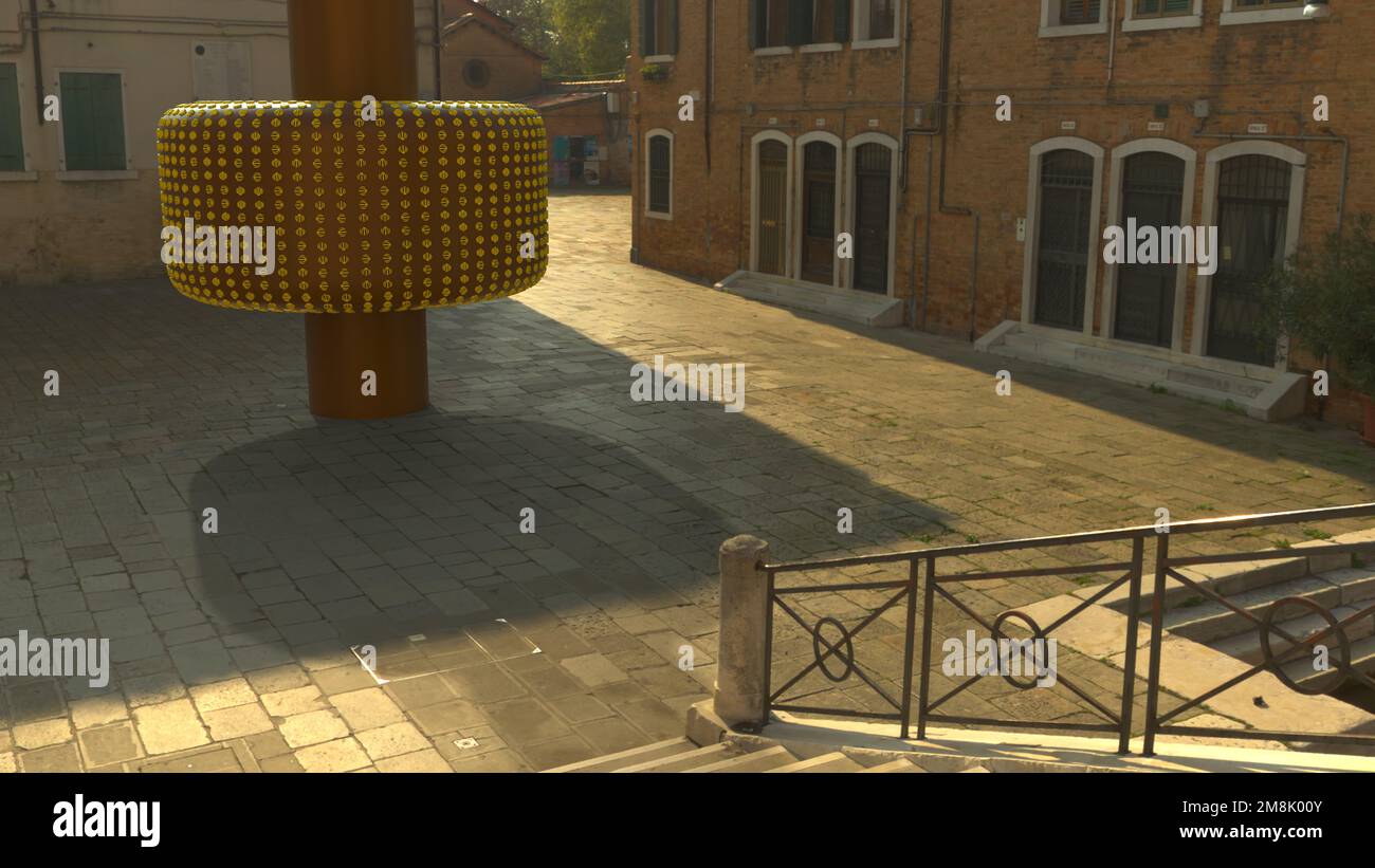 3D Illustration of an art object structure in an open area amongst ...