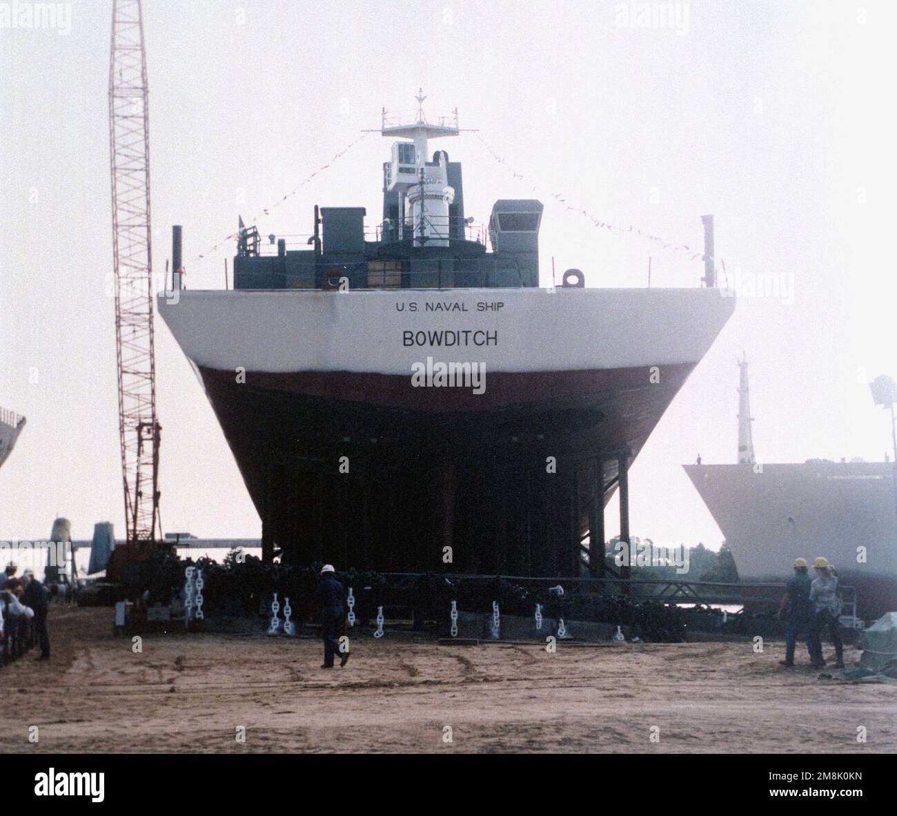 Stern-on view, looking up, of the oceanographic research ship USNS ...