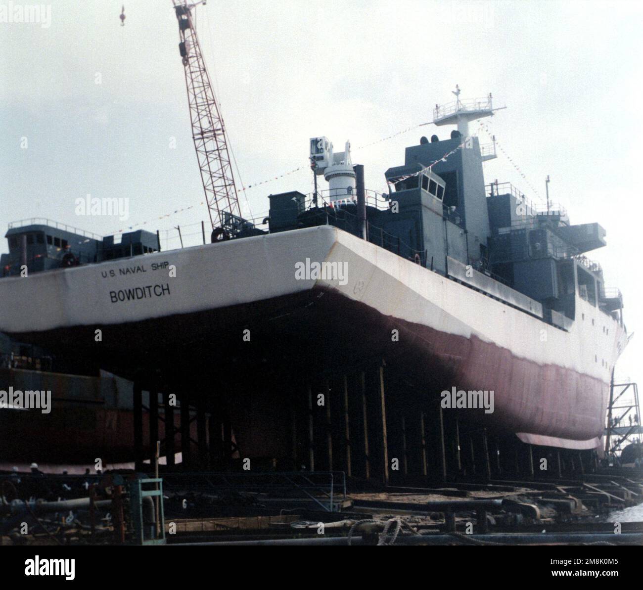 Starboard quarter view, looking up, of the oceanographic research ship ...
