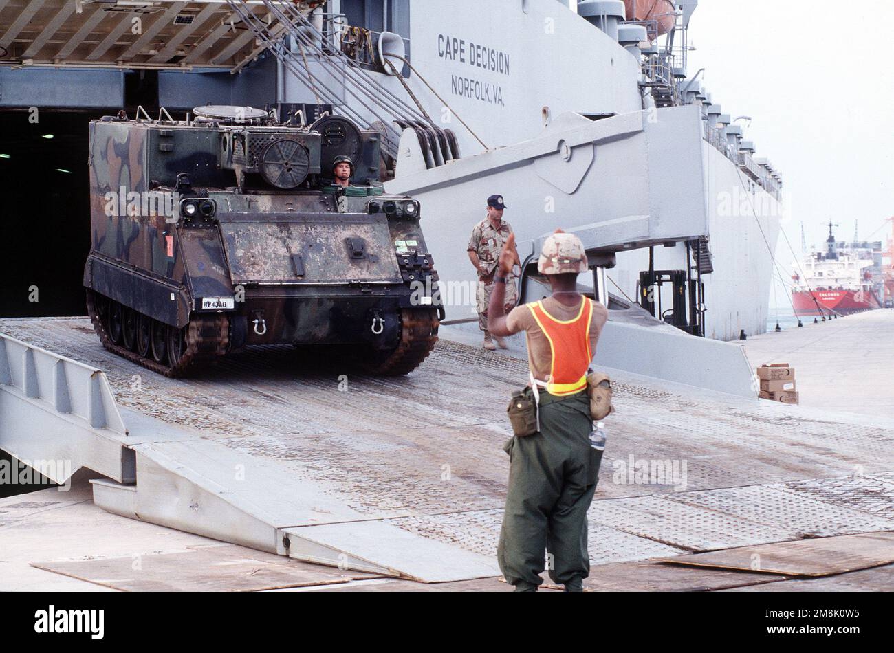 An M113 command and control vehicle rolls off the Military Sealift ...