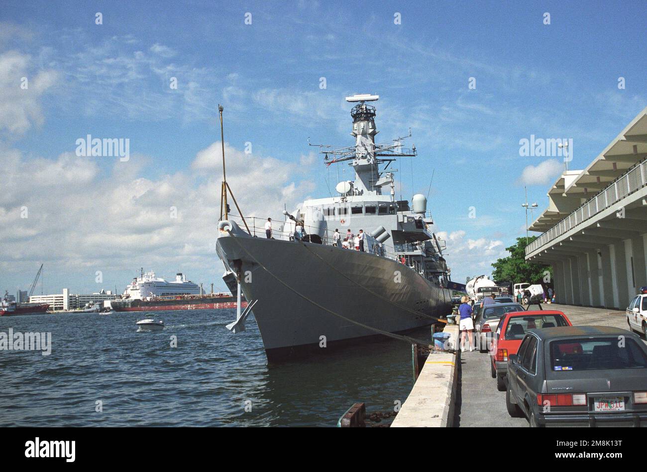 A port bow view of the United Kingdom frigate HMS Norfolk (F-230) tied ...