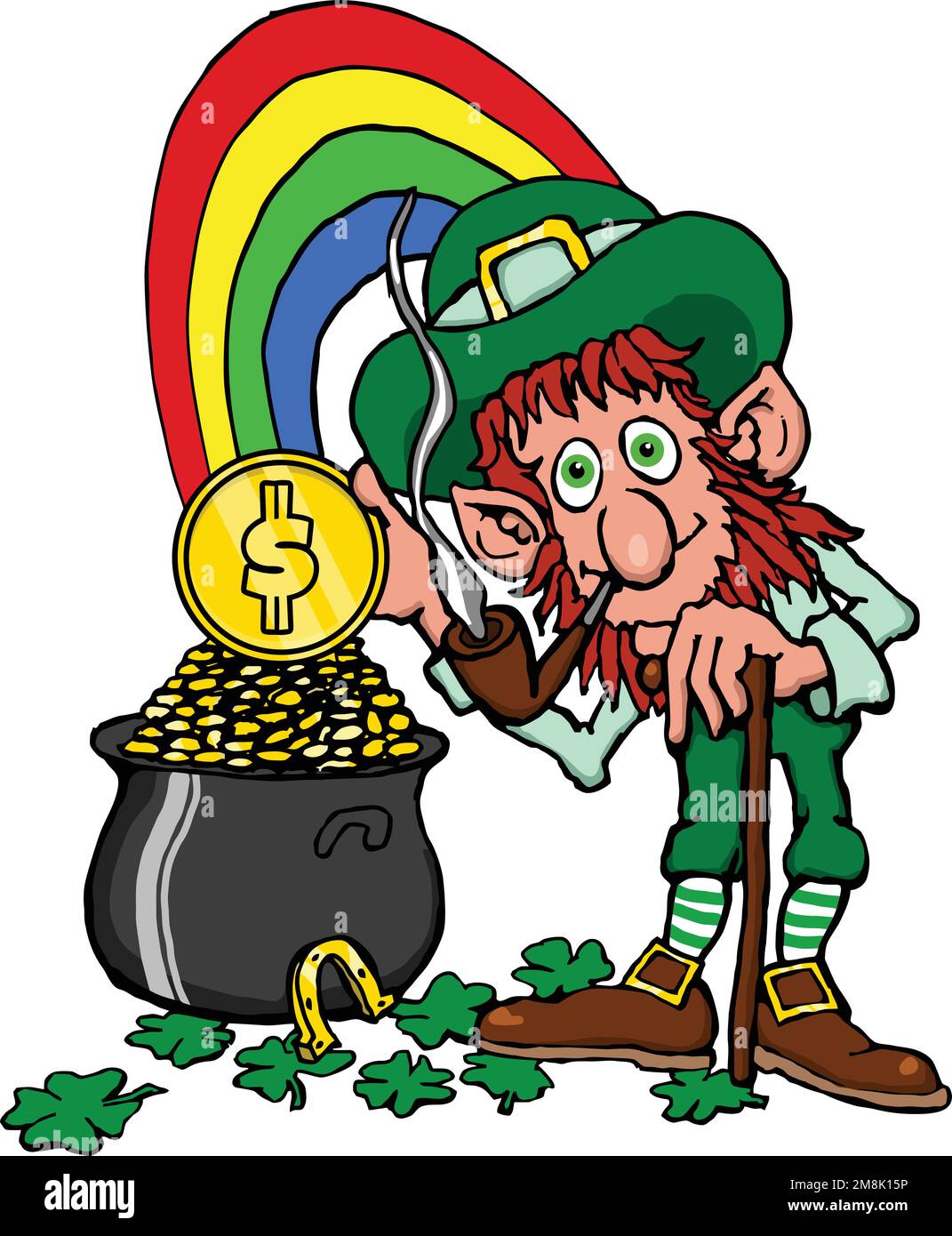 cartoon leprechaun holding a gold coin with rainbo Stock Vector Image ...