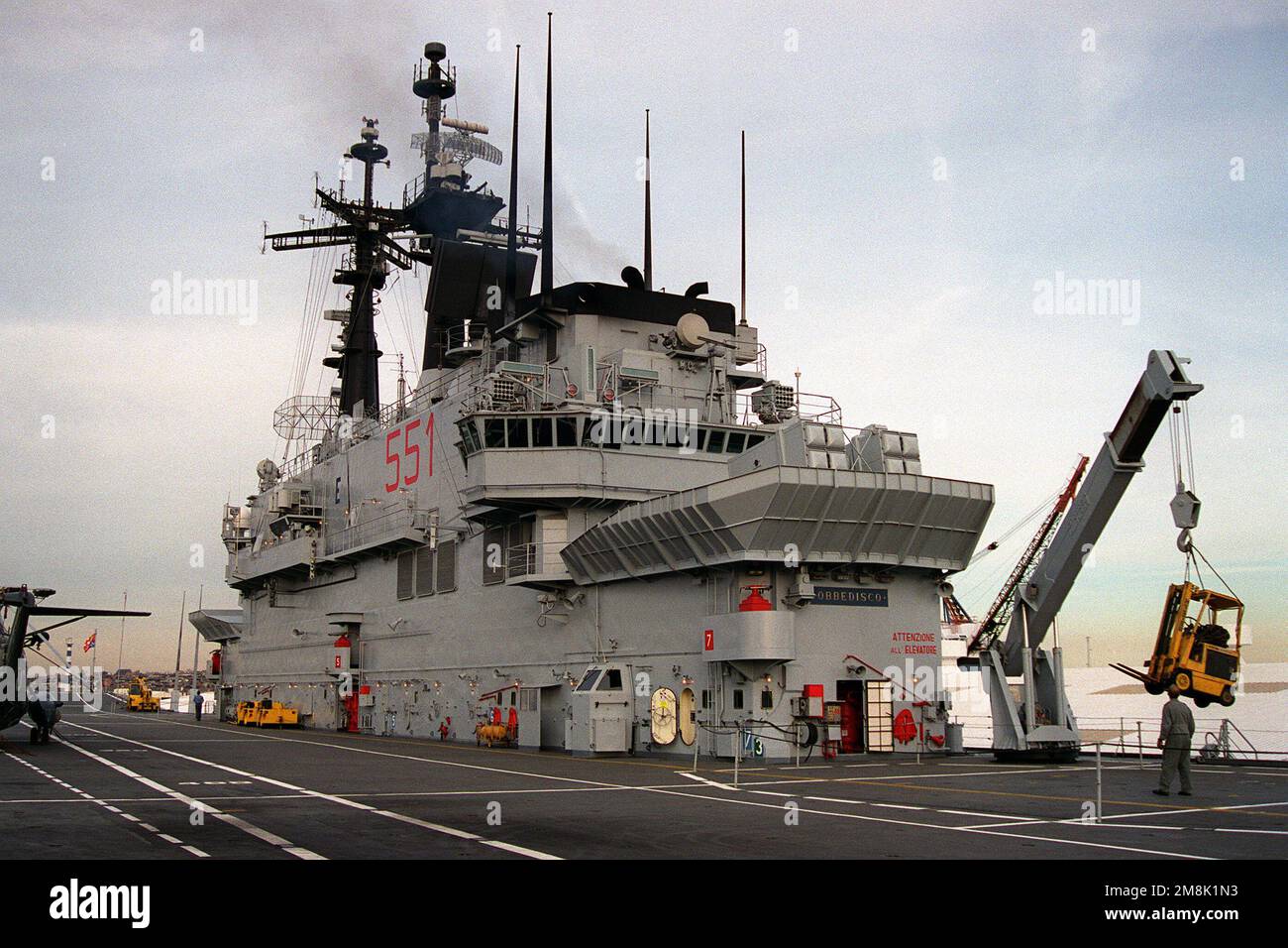 A port quarter view of the rear of the island of the Italian aircraft ...