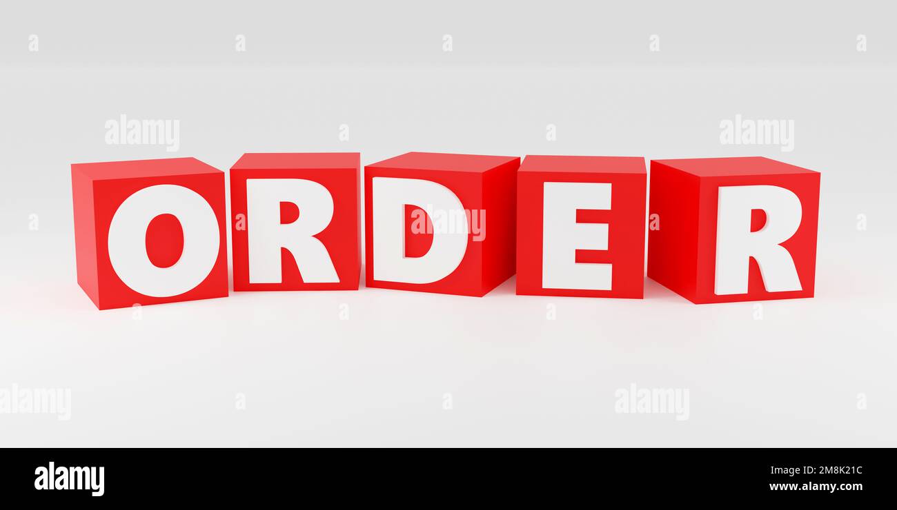 Red cubes inscription order on grey podium, soft light, front view ...