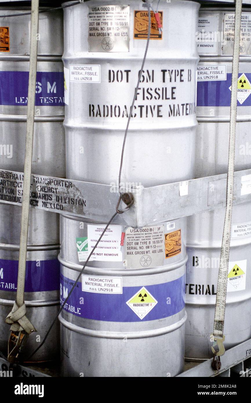 Close-up view of the canisters of radioactive materials onboard the C-5 ...