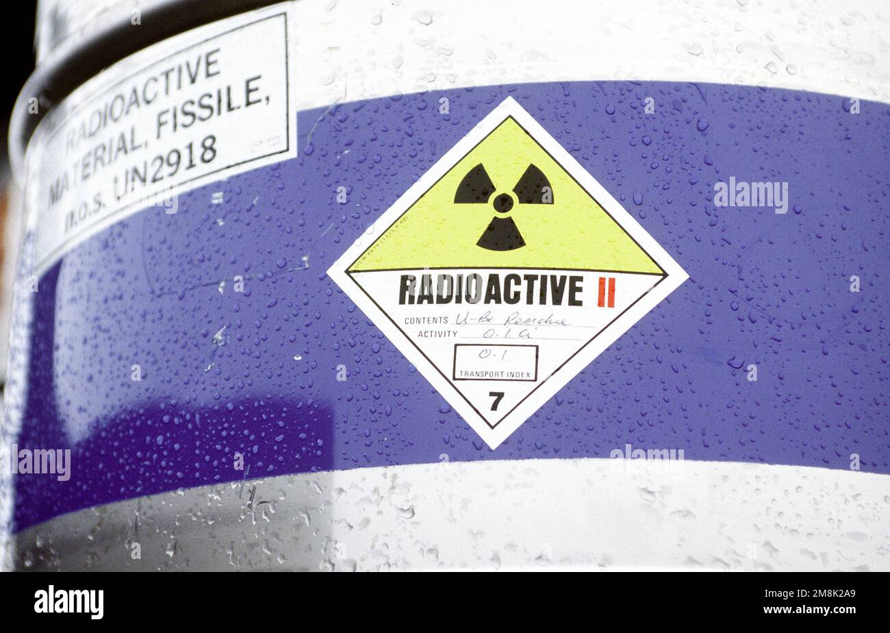 A close-up view of the label of one of the radioactive canisters ...