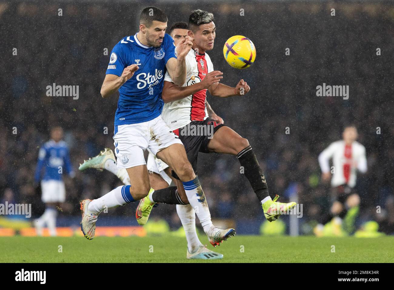 Conor Coady #30 of Everton wins a header during the Premier League ...