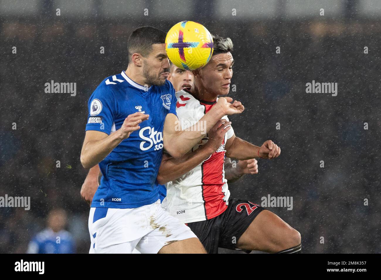 Conor Coady #30 of Everton wins a header during the Premier League ...
