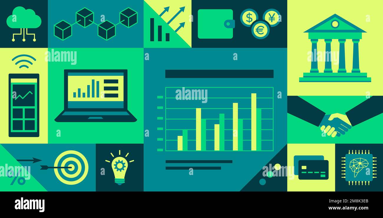 Business, finance and technology background with icons Stock Vector ...