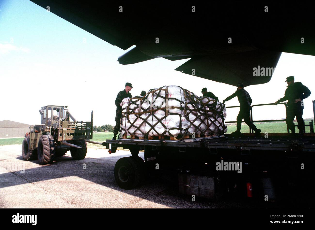 Members of the 62nd Aerial Port Squadron push a pallet of flour from a ...