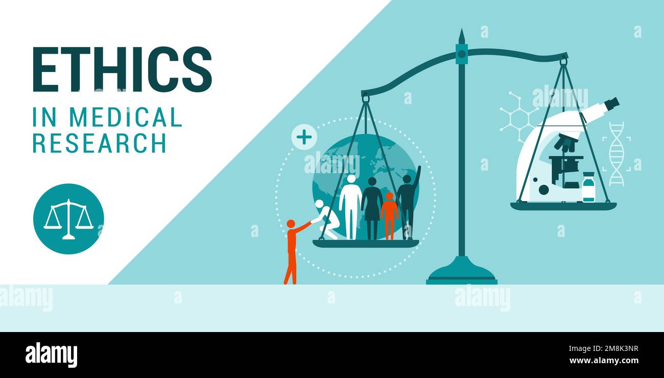 Ethics in medical research: weight scale with microscope on one side ...