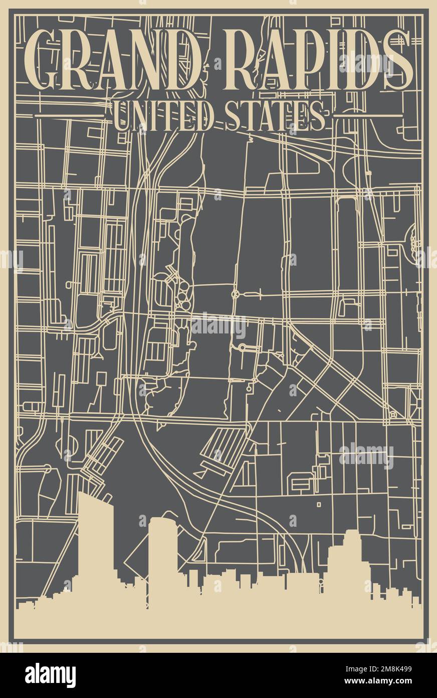 Road network poster of the downtown GRAND RAPIDS, UNITED STATES OF ...