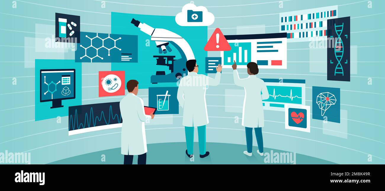 Scientific researchers working in a VR lab, they are interacting with ...