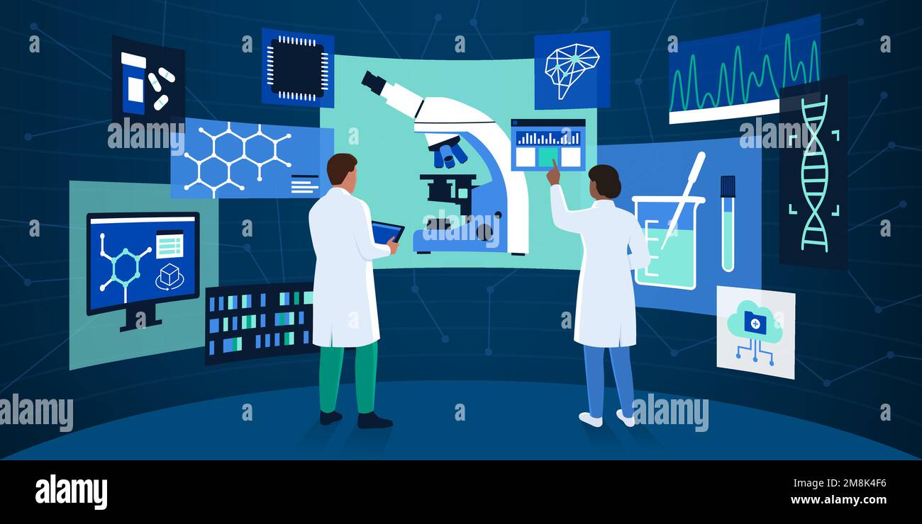 Scientific researchers working in a VR lab, they are interacting with ...