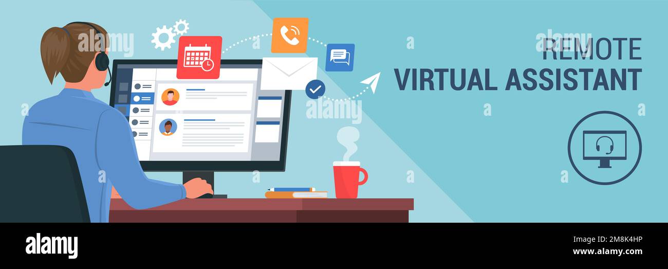 Professional virtual assistant sitting at desk and working with ...