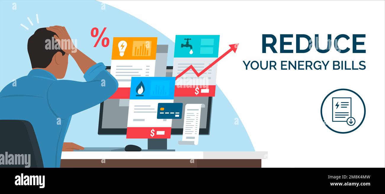 Worried man sitting at desk and checking expensive utility bills on his ...