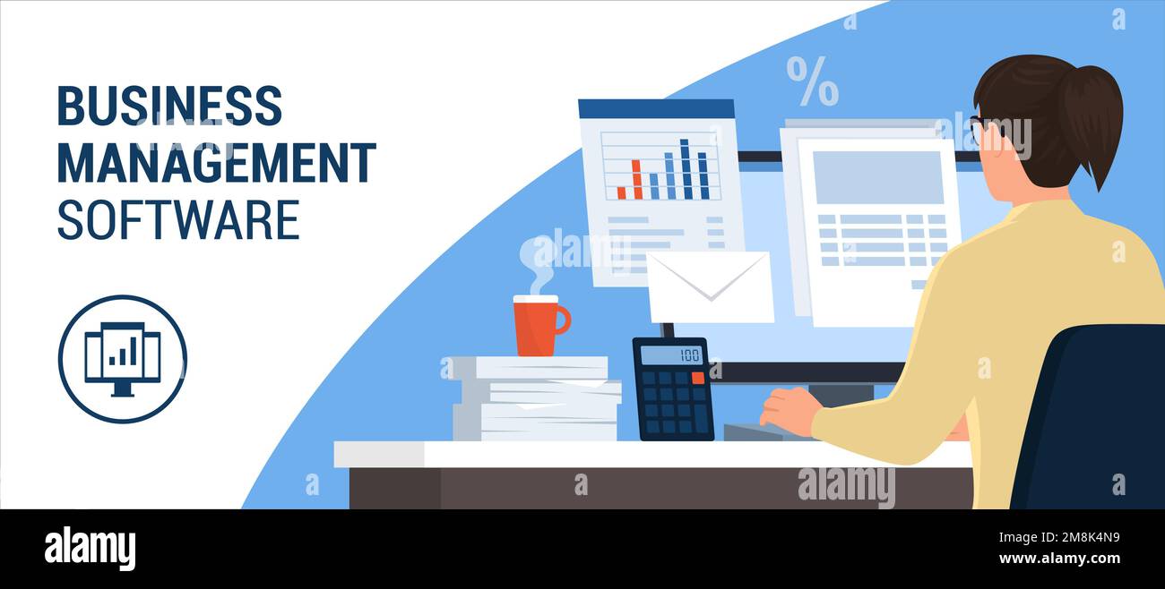 Businesswoman sitting at desk, checking paperwork and electronic ...