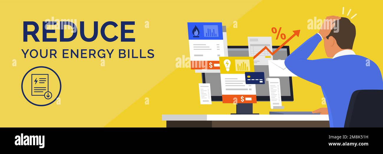 Shocked man sitting at desk and checking expensive utility bills on his ...