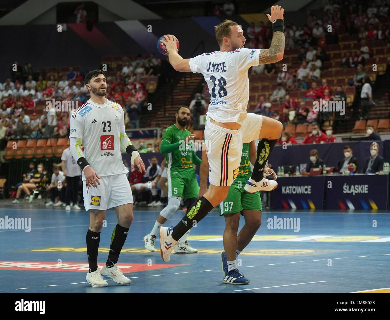 France's Valentin Porte makes a shot, during the group B, Handball ...